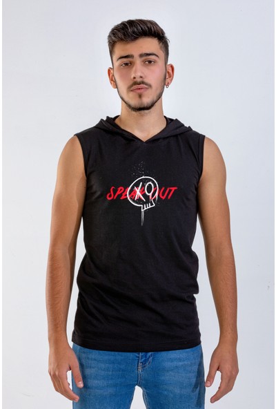 Raf Coll Unisex Ön Dijital Baskılı Kapşonlu Kolsuz Siyah T-Shirt Raf Coll Unisex Ön Dijital Baskılı Kapşonlu Kolsuz Siyah T-Shirt