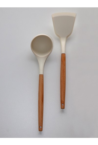 Rimmi Bambu Saplıklı Beyaz Çizmez Silikon Kepçe Spatula 2'li Set