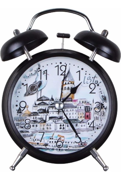 Hediye Kanalı Istanbul Desenli Retro Siyah Metal Masa Saati