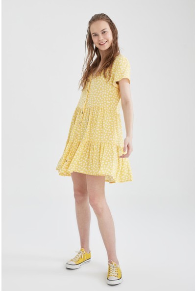 DeFacto Volan Detaylı V Yaka Çiçekli Elbise T4046AZ21SM