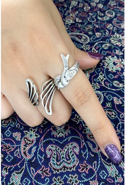 Mooni Accessories Kuş Modeli ve Melek Kanadı Antik Gümüş Kaplama Ayarlanabilir Yüzük Seti Mooni Accessories Kuş Modeli ve Melek Kanadı Antik Gümüş Kaplama Ayarlanabilir Yüzük Seti