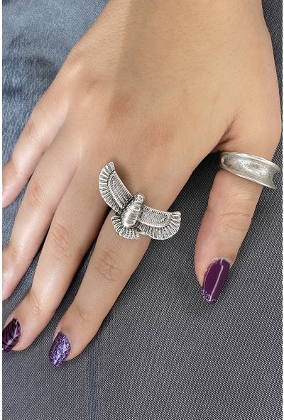 Mooni Accessories Ikili Mısır Horus Kuş Modeli Minimalist Antik Gümüş Kaplama Ayarlanabilir Ölçülü Yüzük Seti