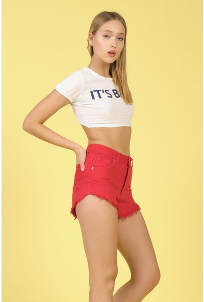 Kırmızı Mini Kadın Jean Şort