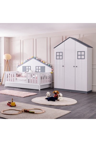 Setay Montessori Çocuk Odası, Fethiye Montessori Çocuk Odası Takımı - Gri (Yavrulu Karyola - Dolap)