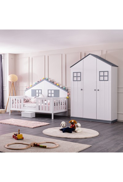 Setay Montessori Çocuk Odası, Fethiye Montessori Çocuk Odası Takımı - Gri (Karyola + Dolap)