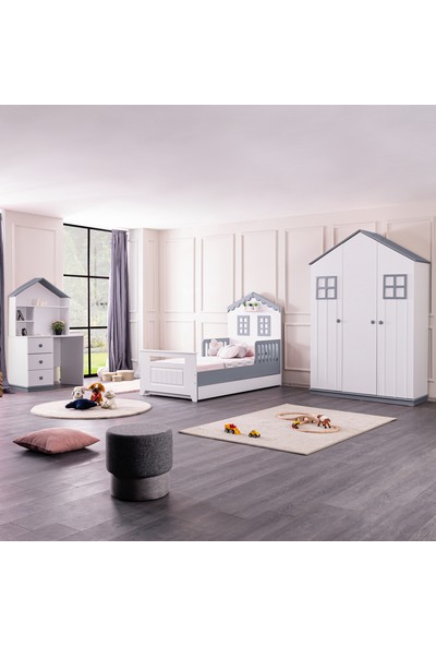 Setay Montessori Çocuk Odası, Casa Yavrulu Montessori Çocuk Odası Takımı - Gri (Yavrulu Karyola + Dolap + Masa)