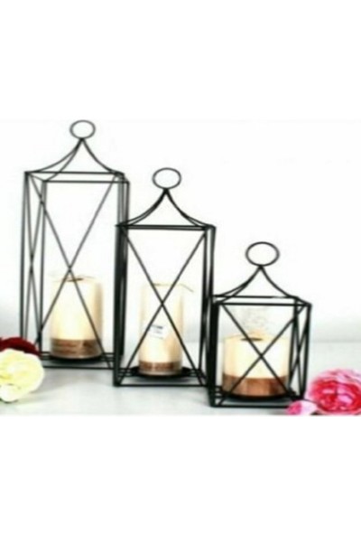 Laisy Dekoratif 3'lü Set Ferforje Kafes Fener Mumluk
