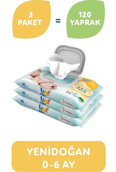 Uni Baby Yenidoğan Islak Mendil 3'lü 120 Yaprak Uni Baby Yenidoğan Islak Mendil 3'lü 120 Yaprak