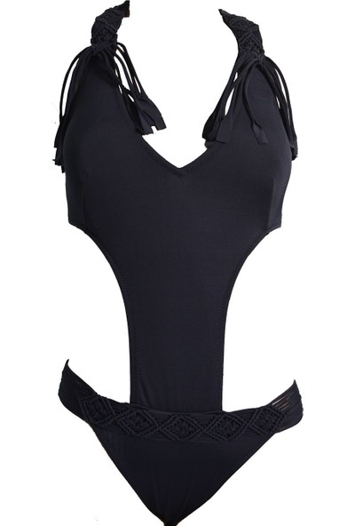 Endeep Kadın Makrome Örgülü Siyah Mayokini