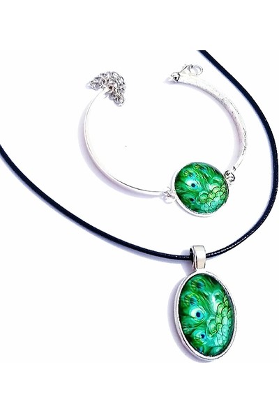 Funny Takı Tavus Kuşu Desenli Yeşil Kolye ve Bileklik Takım Funny Takı Tavus Kuşu Desenli Yeşil Kolye ve Bileklik Takım