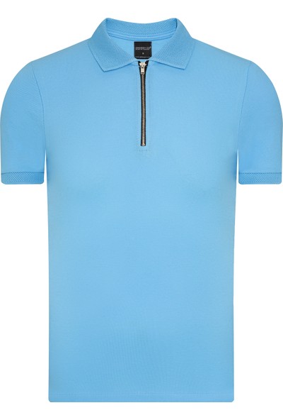 Ghassy Co. Ghassy Co.erkek Mavi Fermuarlı Polo Yaka Petek Dokulu Erkek Spor Tshirt