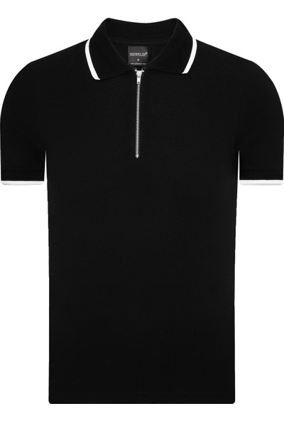 Ghassy Co. Ghassy Co.erkek Siyah Fermuarlı Çizgi Jakarlı Polo Yaka Spor Tshirt