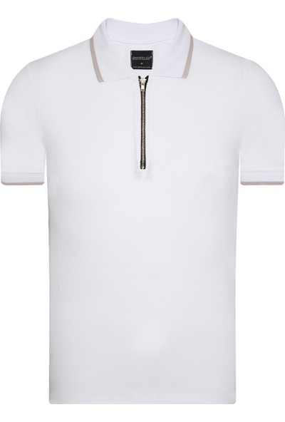 Ghassy Co. Ghassy Co.erkek Beyaz Fermuarlı Çizgi Jakarlı Polo Yaka Spor Tshirt