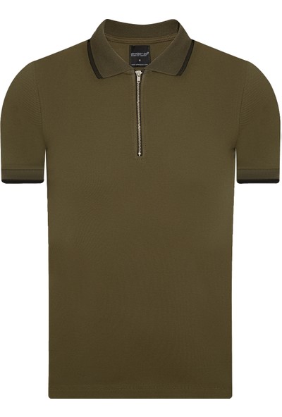 Ghassy Co. Ghassy Co.erkek Haki Fermuarlı Çizgi Jakarlı Polo Yaka Spor Tshirt