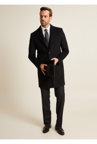 Bisse Regular Fit Siyah Kaşe Kaban