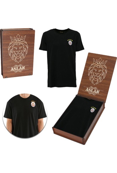 Galatasaray Lisanslı 4 Yıldızlı Siyah Tshirt Hediyelik Ahşap Kutulu