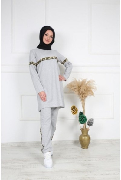 Cng Moda Kadın Sarı Şerit Gri Eşofman Takımı