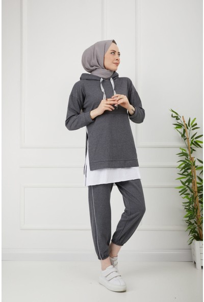 Cng Moda Beyaz Tshrt Gri Tesettür Eşofman Takımı