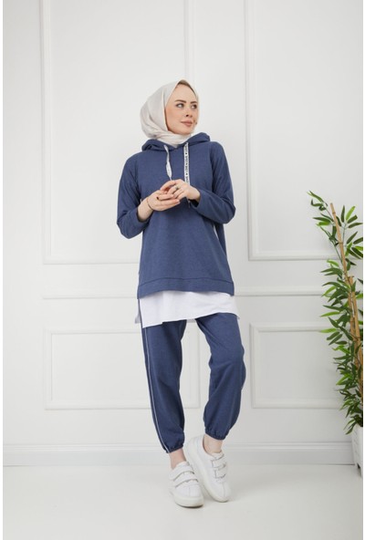 Cng Moda Beyaz Tshrt Indigo Tesettür Eşofman Takımı