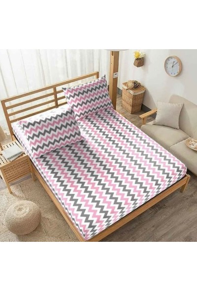 Üntaş Üntaşlife Çift Kişilik Lastikli Çarşaf+2 Adet Yastık Kılıfı 160X200 Pembr Gri ECPEMBEZIGZAG16