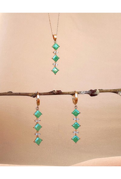 Maja Design Karo Formlu Yeşil Çatlatma Taşlı Gümüş Rose Küpe ve Kolye Set