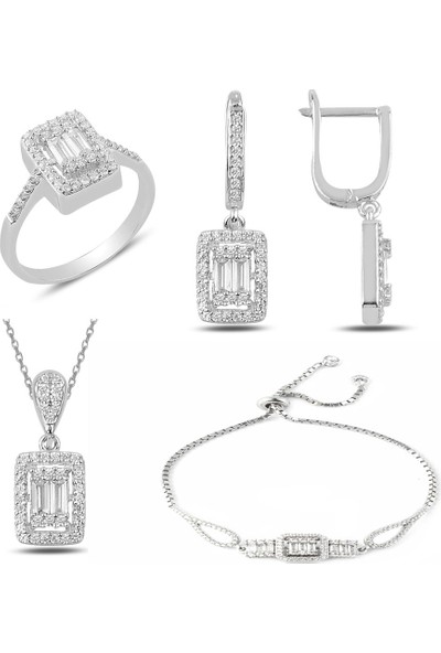 Mercan Silver Gümüş Baget Taşlı Set ve Asansörlü Bileklik