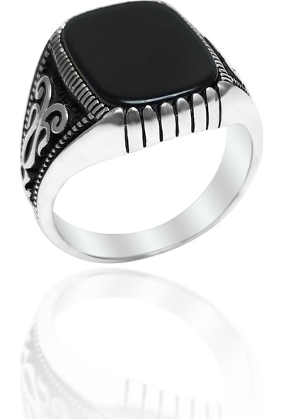 Midyat Nurtaş Gümüş Oniks Taşlı Sarmaşık Işlemeli Erkek Gümüş Yüzük