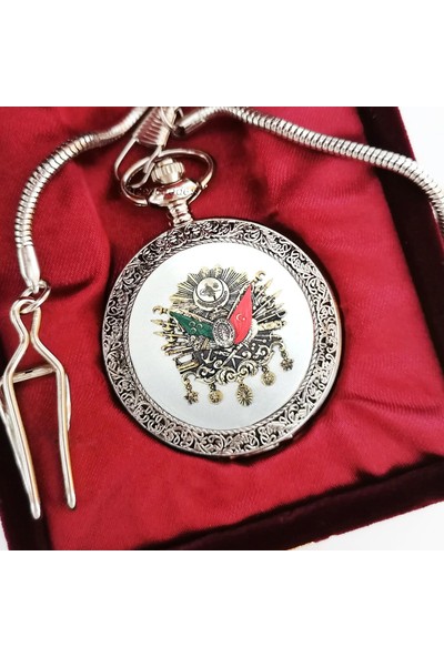 Denacci Osmanlı Arma Kapaklı Kişiye Özel Krom Köstekli Saat Cep Saati