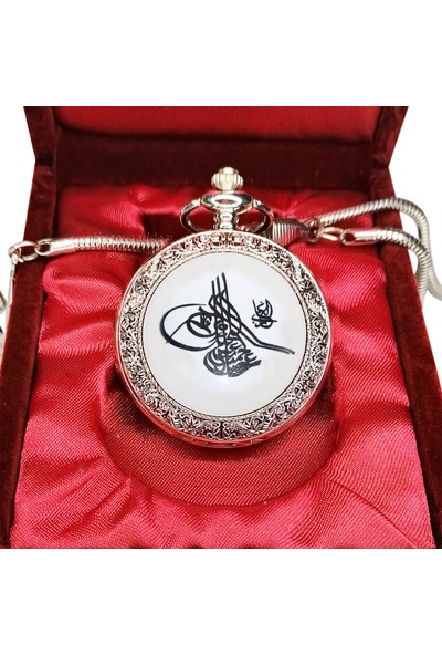 Denacci Osmanlı Tuğra Kapaklı Kişiye Özel Krom Köstekli Saat Cep Saati