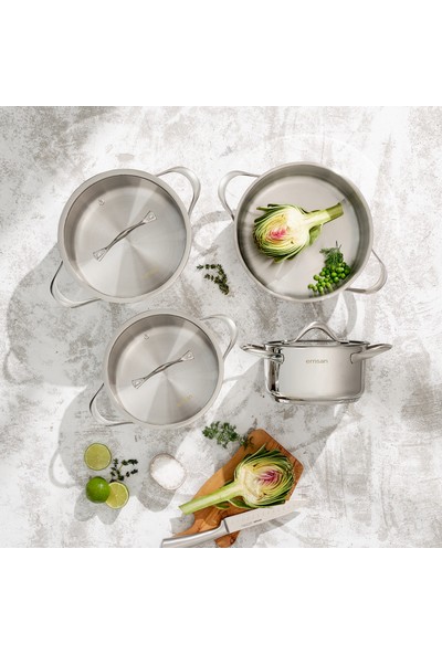 Emsan Yakamoz İndüksiyon Tabanlı 8 Parça Paslanmaz Çelik Tencere Seti Emsan Yakamoz İndüksiyon Tabanlı 8 Parça Paslanmaz Çelik Tencere Seti