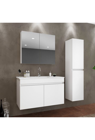 Banos TM3 Ayaksız 2 Kapaklı Lavabolu Beyaz Mdf 100 cm Banyo Dolabı + Aynalı Banyo Üst Dolabı + Banyo Boy Dolabı