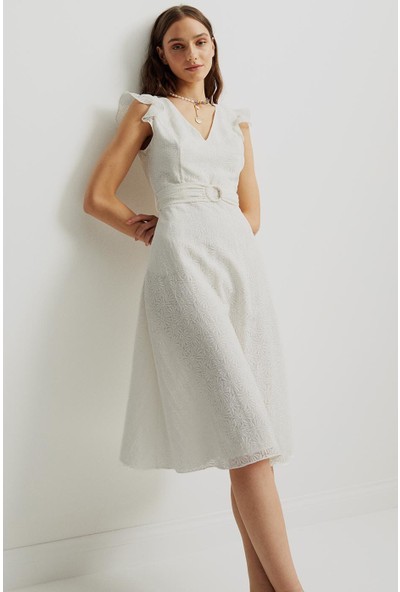 Perspective Hazıel Normal Kalıp V Yaka Ekru Elbise