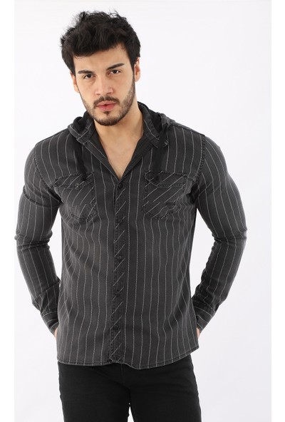 Arlin Erkek Çift Cep Kapşonlu Kot Düğmeli Slim Fit Esnek Füme Kot Gömlek Arlin Erkek Çift Cep Kapşonlu Kot Düğmeli Slim Fit Esnek Füme Kot Gömlek