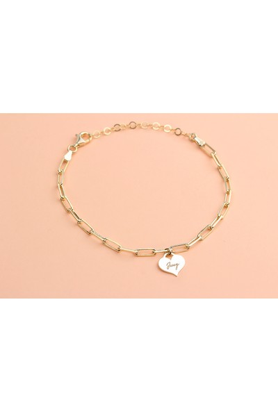 Glorria Kişiye Özel Kalpli Ataç Gümüş Bileklik