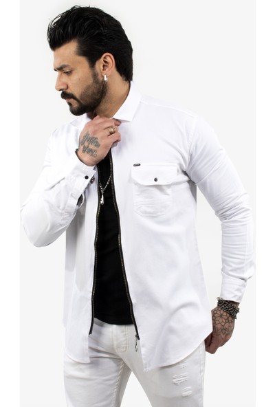 Deepsea Beyaz Erkek Fermuarlı Çıtçıt Kapaklı Cep Likralı Uzun Kol Kot Gömlek 2101825