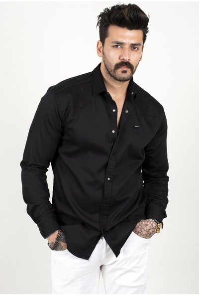Deepsea Siyah Erkek Likralı Uzun Kol Kot Gömlek 2101827 Deepsea Siyah Erkek Likralı Uzun Kol Kot Gömlek 2101827