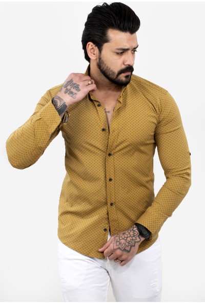 Deepsea Camel Erkek Nokta Desen Likralı Uzun Kol Gömlek 2101845