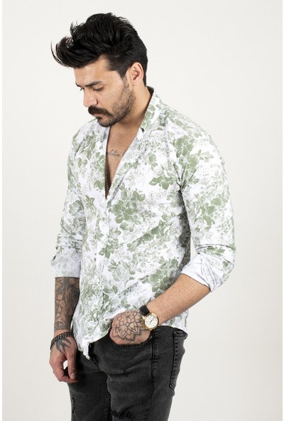 Deepsea Beyaz-Yeşil Erkek Gül Desenli Uzun Kol Likrali Gömlek 2101853 Deepsea Beyaz-Yeşil Erkek Gül Desenli Uzun Kol Likrali Gömlek 2101853