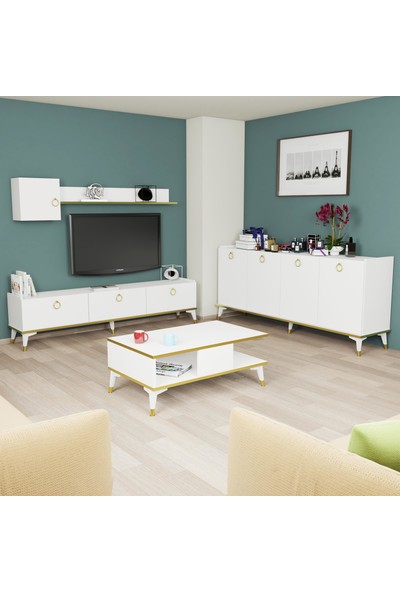 Bimossa G4510 Vesta Tv Ünitesi Orta Sehpa ve Konsol Takımı Beyaz-Gold Detaylı