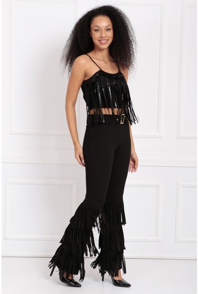 Sense Kemerli Paçaları Püsküllü Scuba Krep Pantolon | PNT33396