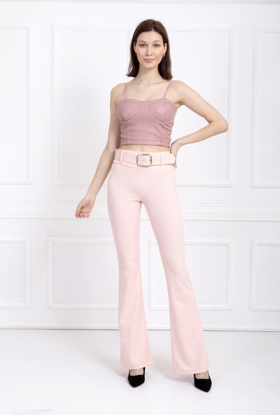 Sense Ispanyol Paça Kemerli Örme Kumaş Pantolon PNT32439 Pudra