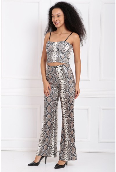 Sense Geniş Paçalı Leopar ve Yılan Desen Payet Pantolon | PNT32440 Bej Siyah Yılan Des.