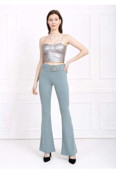Sense Ispanyol Paça Kemerli Örme Kumaş Pantolon PNT32439 Küf Yeşili