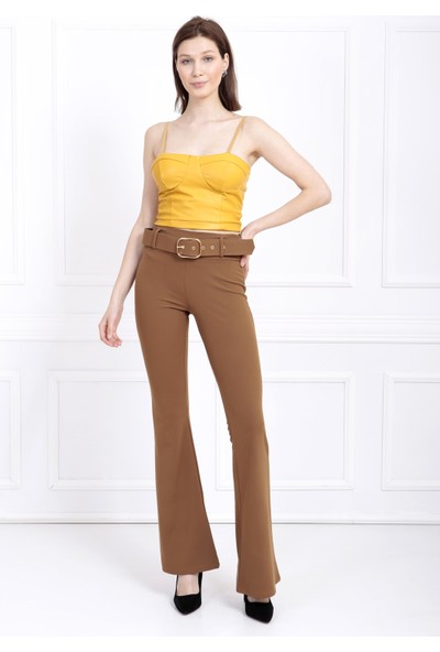 Sense Ispanyol Paça Kemerli Örme Kumaş Pantolon PNT32439 Vızon Sense Ispanyol Paça Kemerli Örme Kumaş Pantolon PNT32439 Vızon