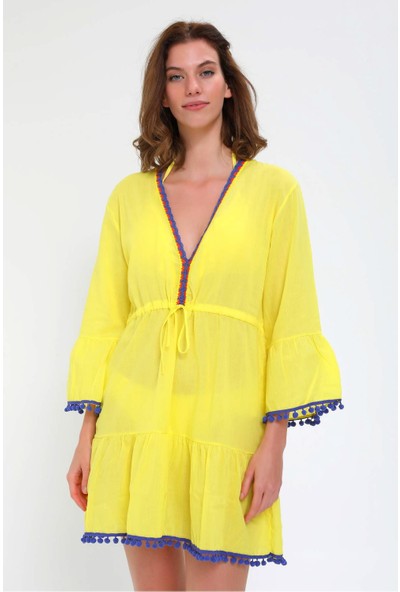 Endeep Kadın Ponpon Detaylı Sarı Plaj Kıyafeti
