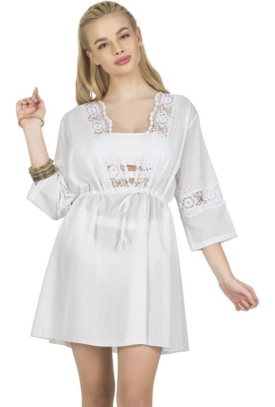 Endeep Kadın Güpür Detaylı Beyaz Plaj Elbisesi