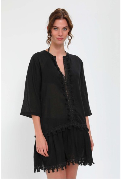 Endeep Kadın Püskül Detaylı Siyah Plaj Elbisesi