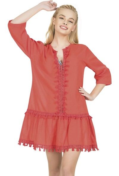 Endeep Kadın Püskül Detaylı Kırmızı Plaj Elbisesi