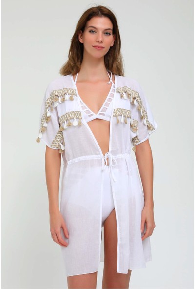 Endeep Kadın Püsküllü Önden Bağlamalı Beyaz Plaj Elbisesi Endeep Kadın Püsküllü Önden Bağlamalı Beyaz Plaj Elbisesi