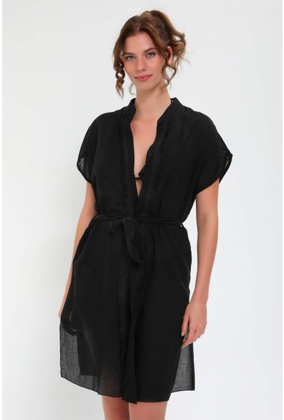 Endeep Kadın Kuşaklı Siyah Plaj Elbisesi
